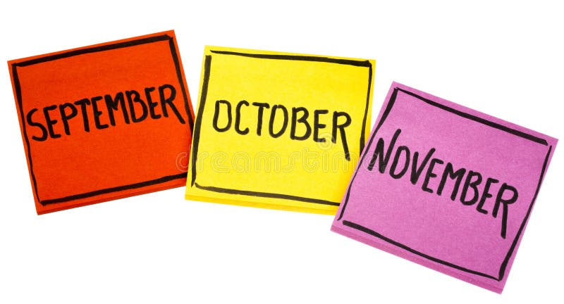 September, October and November on Sticky Notes Stock Photo - Image of ...