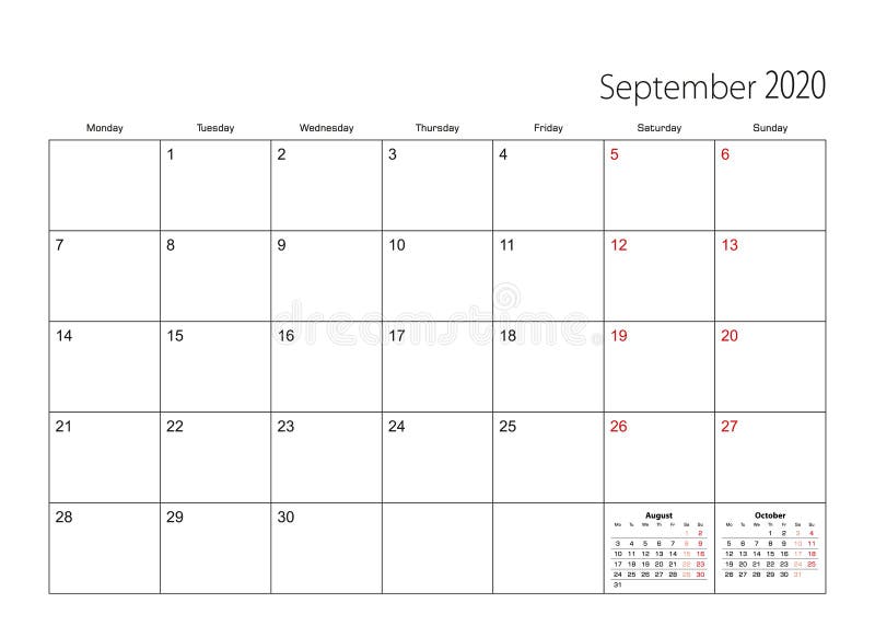 September 2020 Simple Calendar Planner, Week Starts from Monday Stock ...