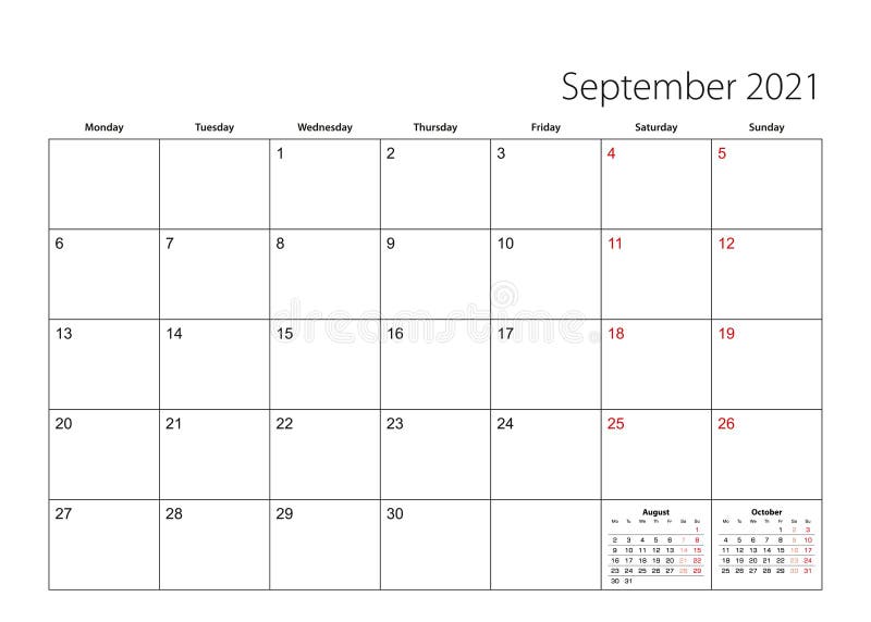 September 2021 Simple Calendar Planner, Week Starts from Monday Stock ...