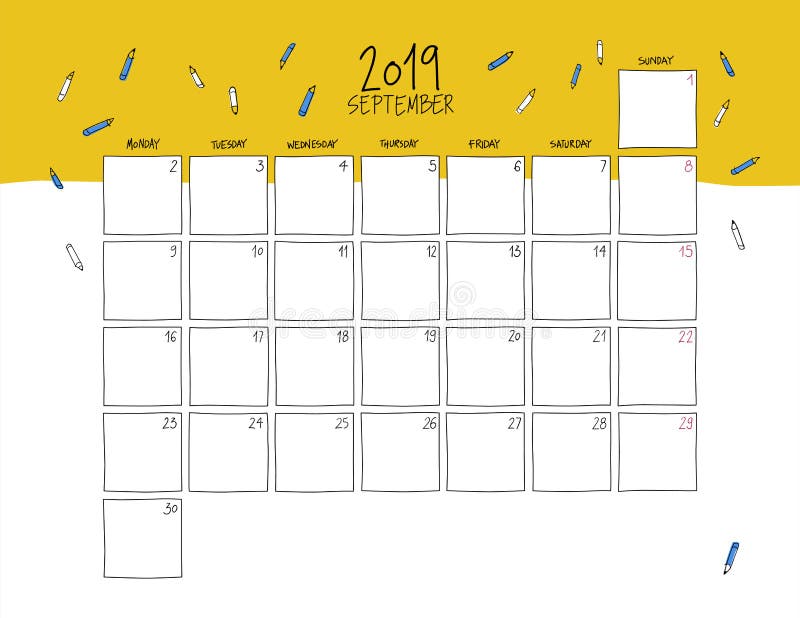 September 2019 Wall Calendar. Doodle Style. Stock Vector - Illustration ...