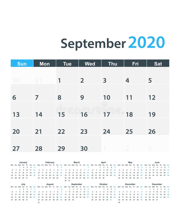 September 2020 Wall Calendar Stock Vector - Illustration of event, plan ...