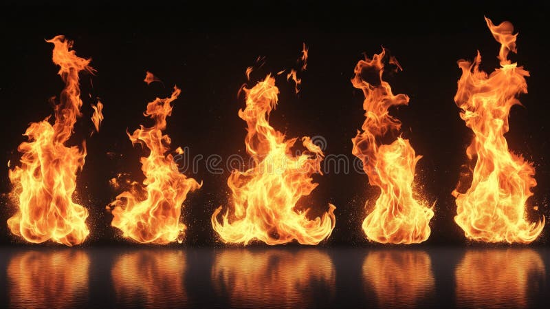 Sequence of Fire Flames Reflected on a Dark Surface with a Dramatic ...