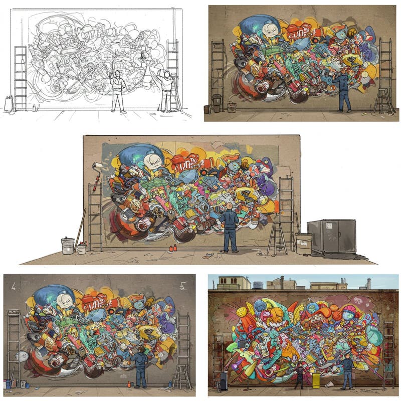 A Sequence of Five Images Depicts the Progressive Creation of a Complex ...