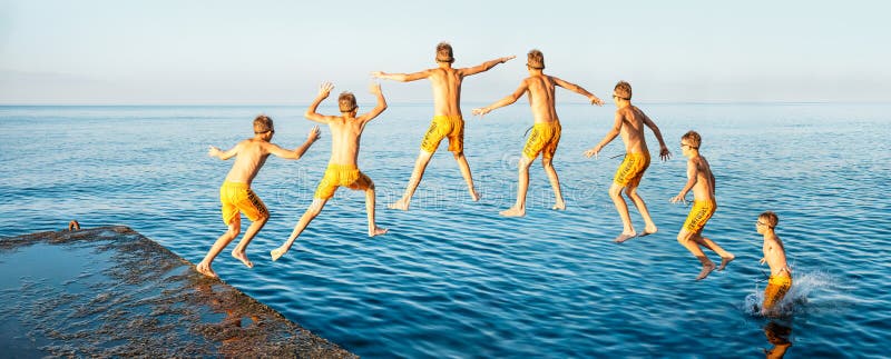 Sequence of Jump. Moments of Schoolboy Jumping from Pier into Sea Doing ...