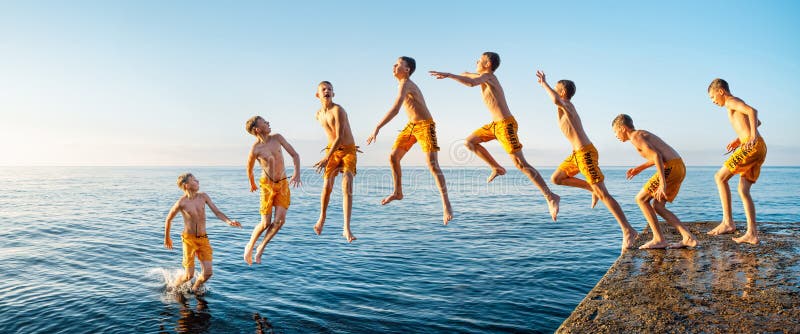 Sequence of Jump. Moments of Schoolboy Jumping from Pier into Sea Doing ...