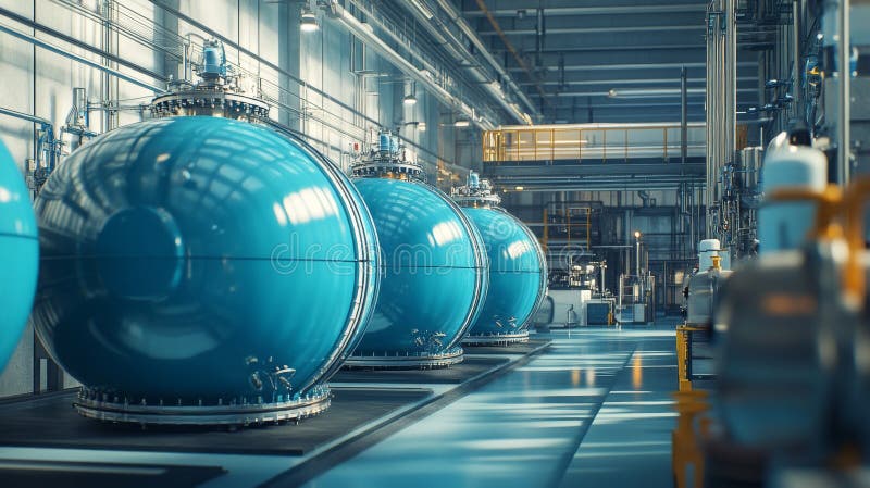A Sequence of Large, Blue Hydrogen Tanks in an Industrial Setting ...