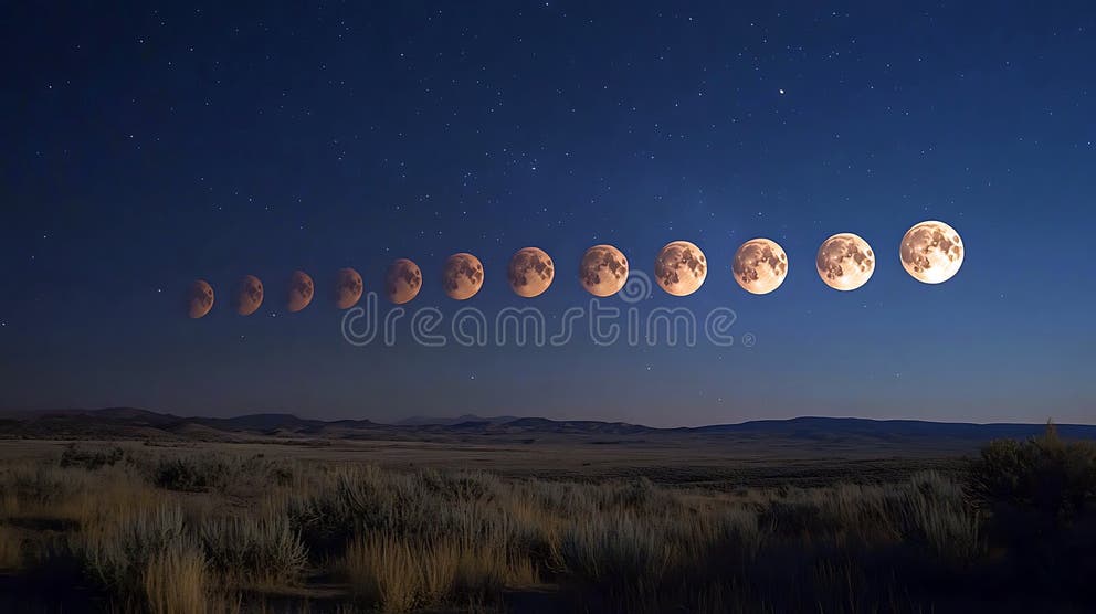 Sequence of a Lunar Eclipse Over the Serene Landscape at Night Stock ...