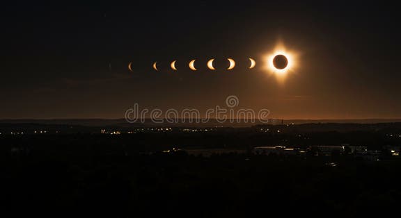 A Sequence of the Solar Eclipse Phases is Displayed in a Night Sky. the ...