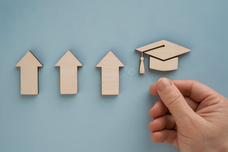 Sequence of Three Wooden Cutouts, Graduation Cap Held by Human Hand ...