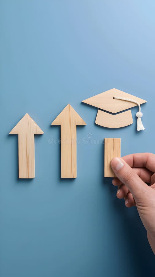 Sequence of Three Wooden Cutouts, Graduation Cap Held by Human Hand ...