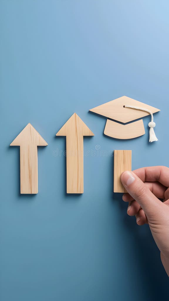 Sequence of Three Wooden Cutouts, Graduation Cap Held by Human Hand ...