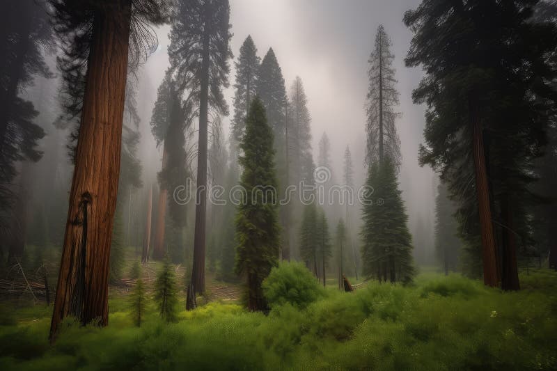 Sequoia Forest with Storm Clouds and Mist in the Distance Stock ...