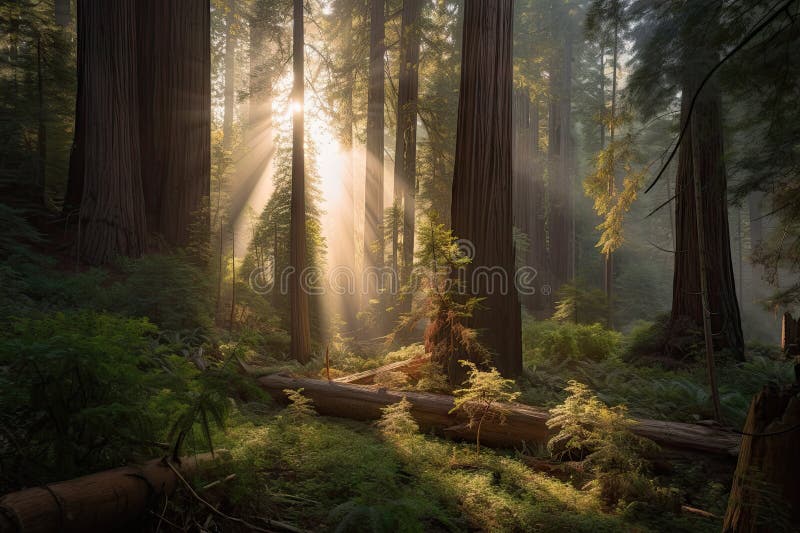 Sequoia Forest at Sunrise, with Rays of Sunlight Shining through the ...
