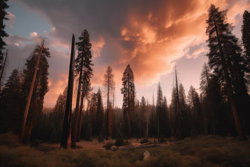 Sequoia Forest at Sunset, with Dramatic Sky and Clouds Stock ...
