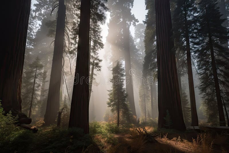 Sequoia Forest, with Towering Trees and Mist in the Air Stock ...