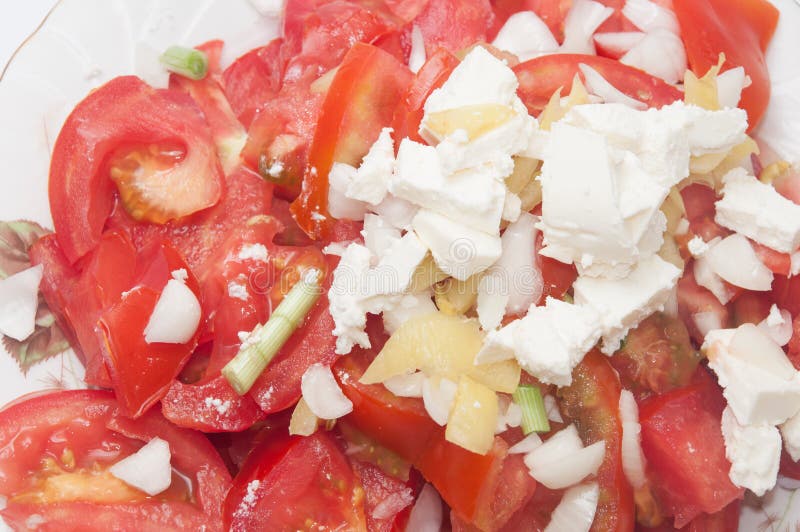 Serbian Balkan Sopska Salad with Tomato Onion and Cheese Stock Photo ...