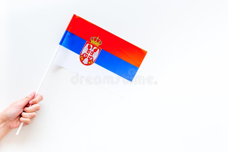 Serbian Flag Concept. Hand Hold Small Flag on White Background Top View ...
