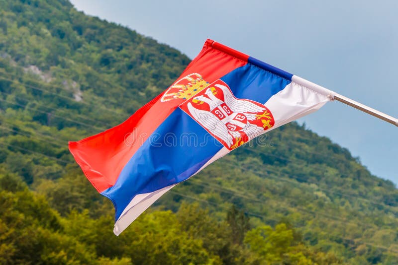 Serbian National Flag with Eagles and Crown Waving on Wind Stock Image ...