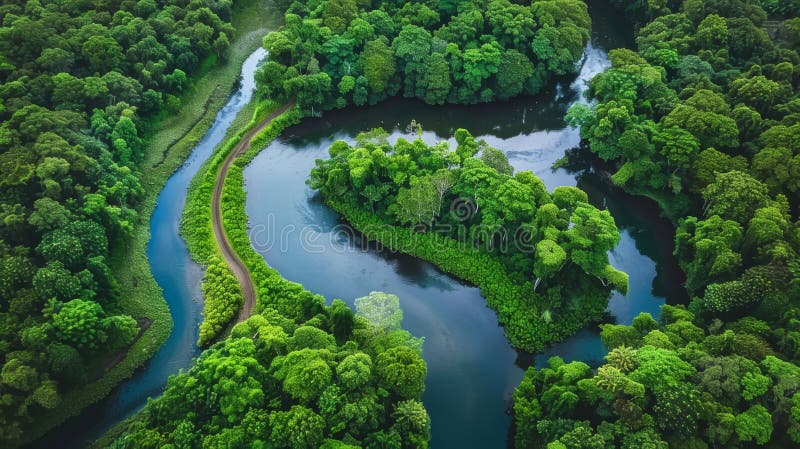 Serene Aerial View of River Meandering through Lush Green Forest Stock ... Serene Aerial View of River Meandering through Lush Green Forest Stock ...