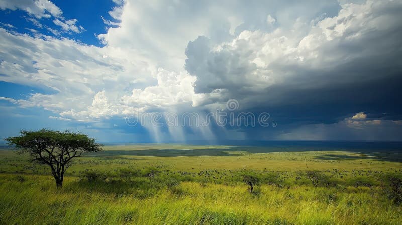 Serene African Savanna Landscape with Dramatic Rain Clouds and a Single ...