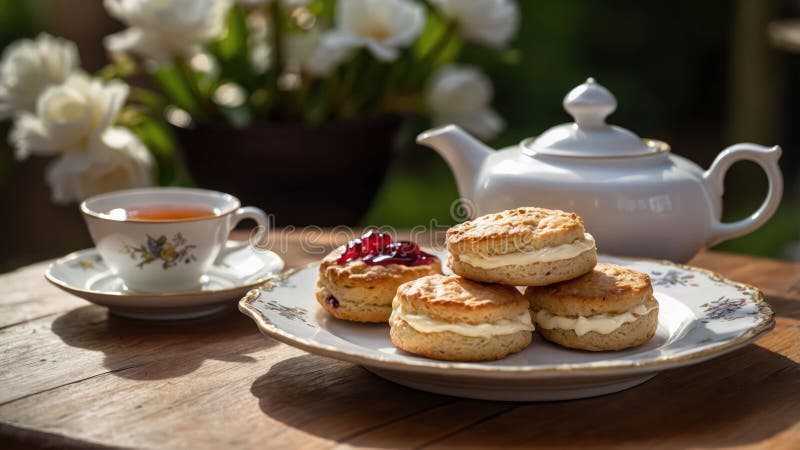 A Serene Afternoon Tea Setting with Scones, Jam, Cream, Tea, and a ...