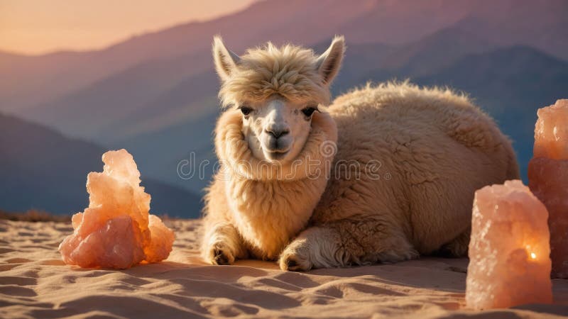 Adorable Alpaca Resting on Sand Dunes at Sunset with Himalayan Salt ...