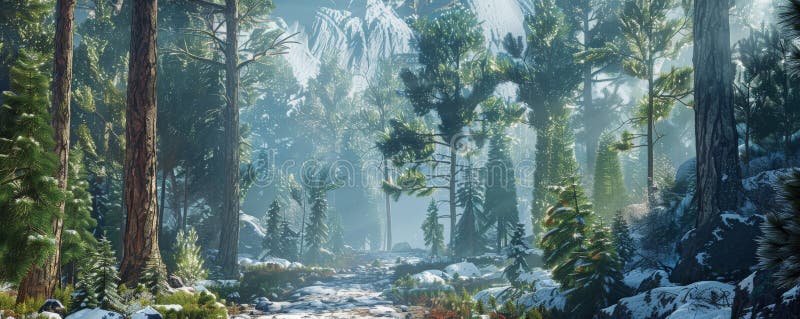 A Serene Alpine Forest Background with Towering Pine Trees, Crisp ...