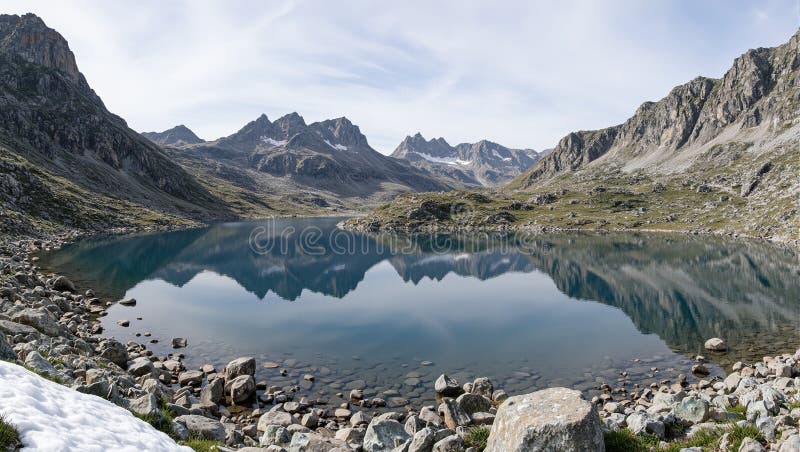 Serene Alpine Lake Mirroring Jagged Peaks with Snow Patches Stock ...