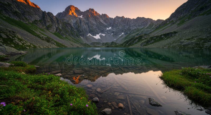 Serene Alpine Lake Sunset Reflection Stock Illustration - Illustration ...