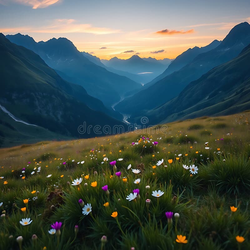 Serene Alpine Meadow with Spring Flowers at Dawn Stock Illustration ...