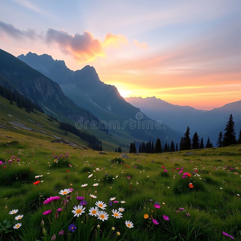 Serene Alpine Meadow with Spring Flowers at Dawn Stock Illustration ...