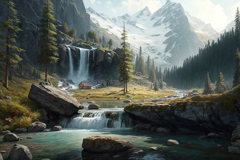 Serene Alpine Setting, with Waterfall and Stream Visible in the ...
