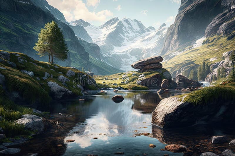 Serene Alpine Setting, with Waterfall and Stream Visible in the ...