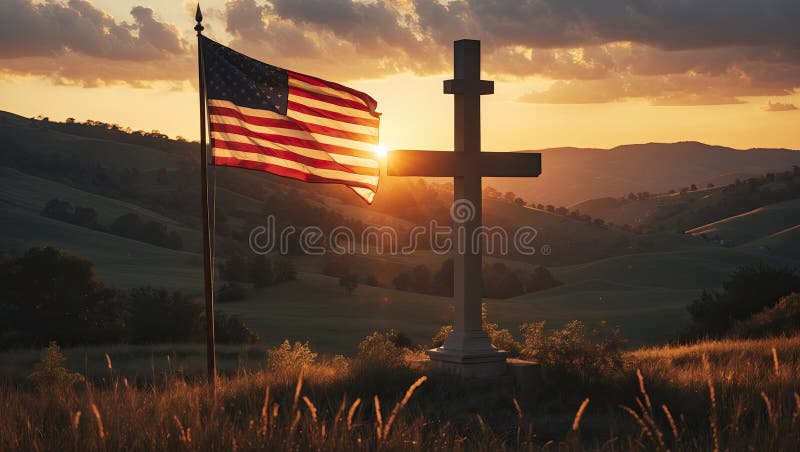 Serene American Landscape with Flag and Cross at Sunset Stock ...