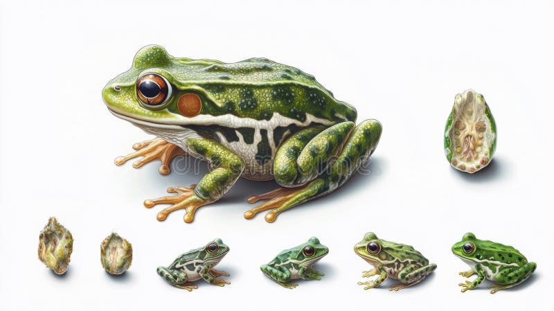A Serene Amphibian Metamorphosis Collection of Frogs Stock Illustration ...