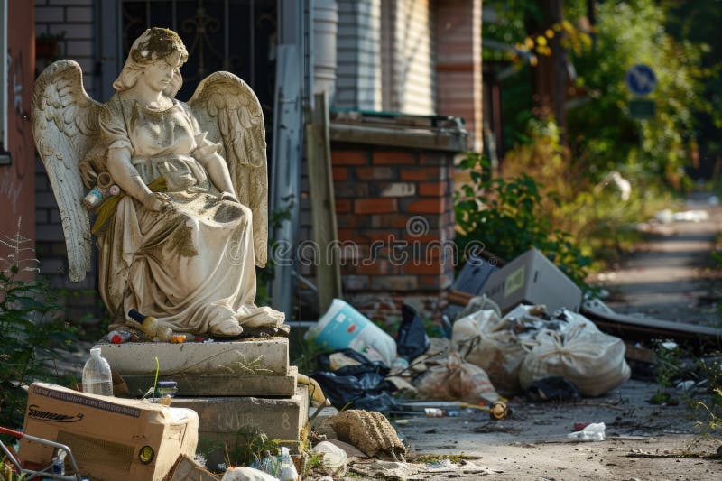 A Serene Angel Statue Sitting on a Pile of Trash. Suitable for ...