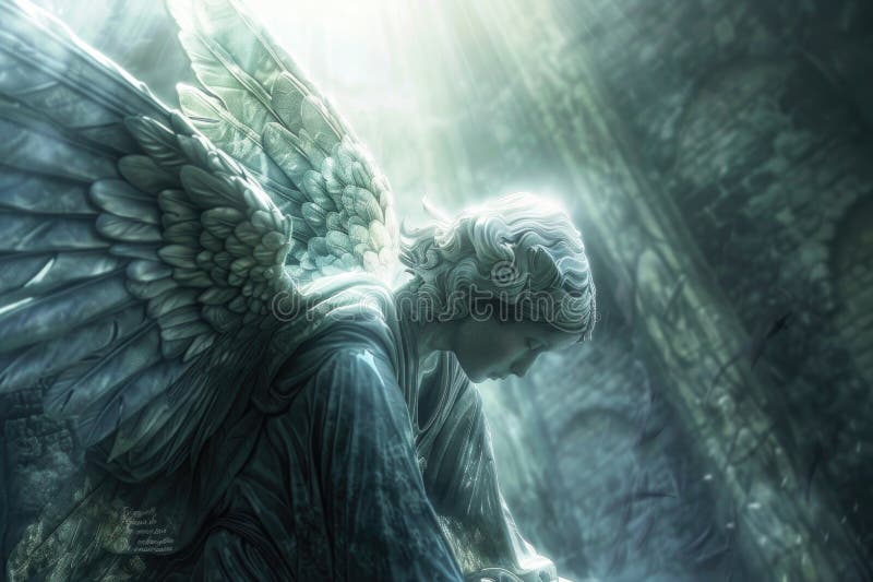 A Serene Angel Statue Sitting on a Rock. Suitable for Religious or ...