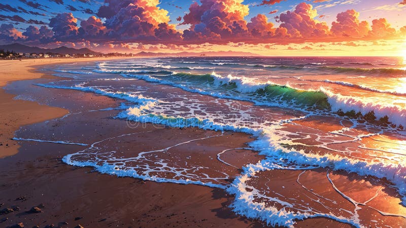 Serene Anime Beach at Sunset with Gentle Rolling Waves Stock ...