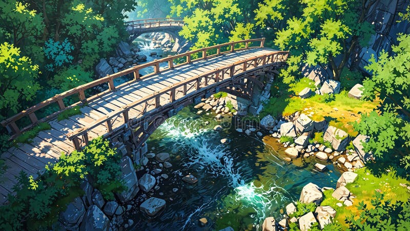 Serene Anime Bridge Spanning River in Lush Forest Sanctuary Stock ...