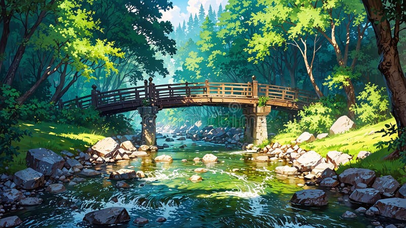 Serene Anime Bridge Spanning River in Lush Forest Sanctuary Stock ...