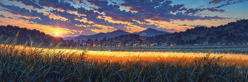Serene Anime Field at Dusk with Tall Grass and Warm Sunlight Stock ...