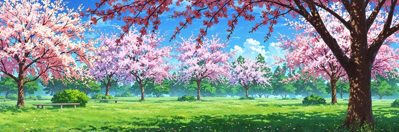 Serene Anime Garden in Spring with Cherry Blossoms Falling Stock ...