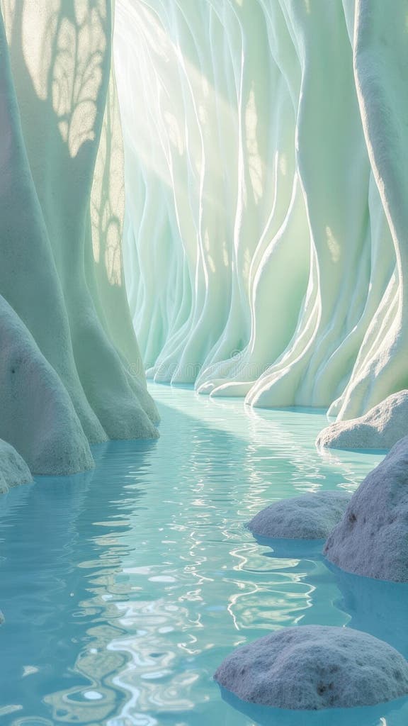 Serene Aqua Landscape with Sunlit Sculpted Ice Formations Stock Photo ...