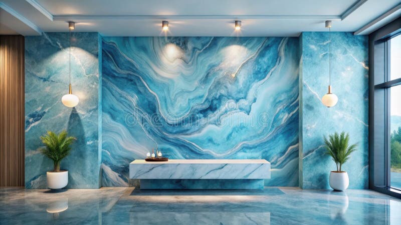 Serene Aqua Marble Reception Area with Modern Lighting and Planters ...