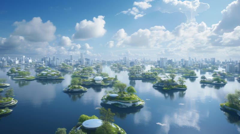 Urban Floating Garden Islands at Dusk, Perfect for Urban Development ...