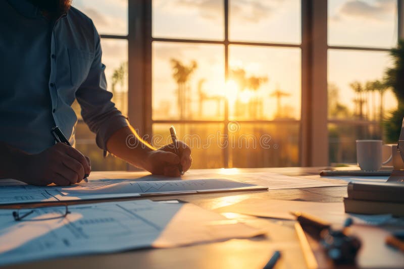 Serene Architect Office Work at Sunset. Generate Ai Stock Illustration ...