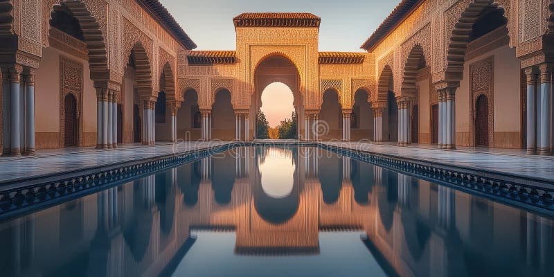 A Serene Architectural Courtyard with a Reflecting Pool and Intricate ...