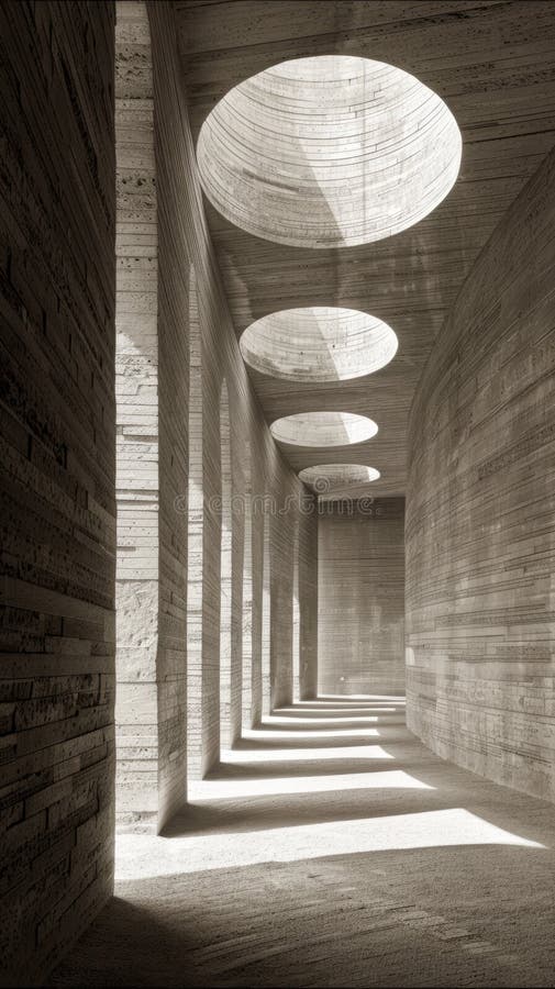 A Serene Architectural Passageway with Circular Skylights Illuminating ...
