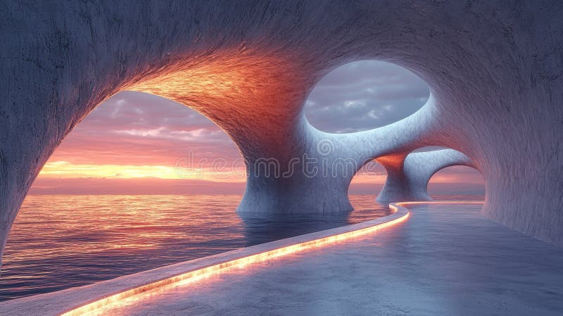 Serene Architectural Scene Featuring Floating Structures Over Water ...