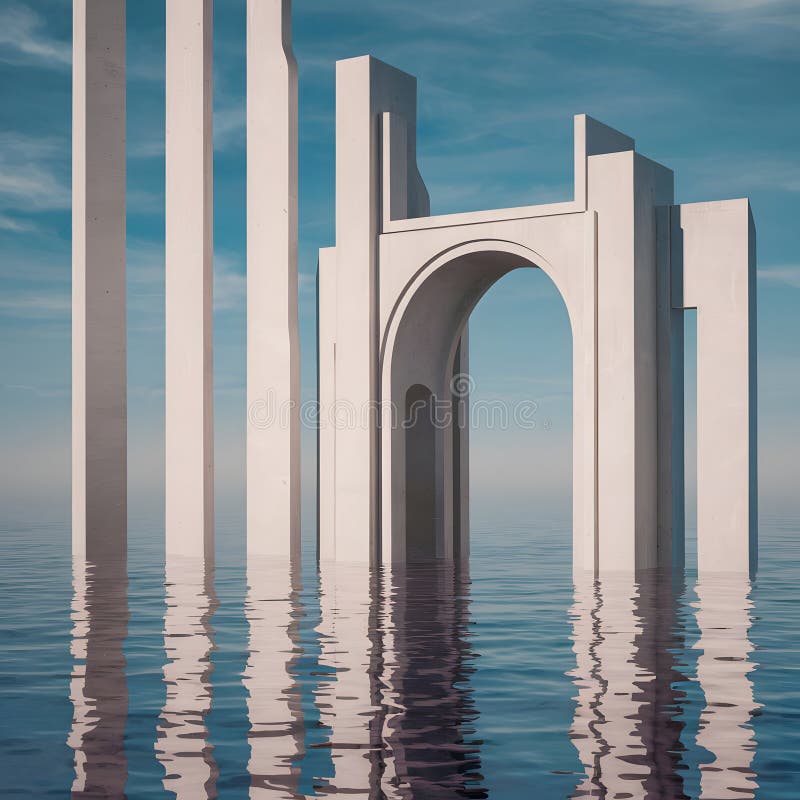 Serene Architectural Scene with White Columns, Arched Gateway, Clear ...